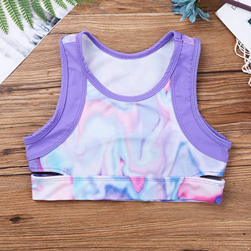 MSemis Girls' Kids 2-Piece Active Set Dance Sport Outfits Racer Back Top and Booty Short Gymnastics Dancing Clothes Tie Dye Purple 7-8