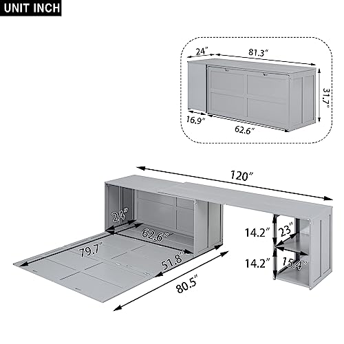 NCKMYB Queen Murphy Cube Bed Murphy Bed with Rotable Desk, Murphy Chest Bed with Storage Shelves for Guest Room or Small Spaces, Grey