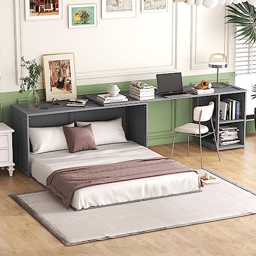 Murphy Bed with Rotable Desk,Queen Size Space-Saving Platform Bed Frame with Storage Desk for Bedroom,Easy to Assembly, No Need Spring Box (Grey)