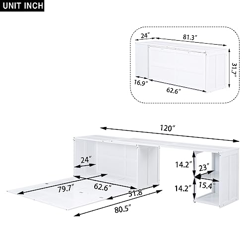 DaiNNCN Foldable Murphy Bed Queen Size with Rotating Desk and Storage Shelves,Space-Saving-White