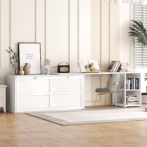 DaiNNCN Foldable Murphy Bed Queen Size with Rotating Desk and Storage Shelves,Space-Saving-White