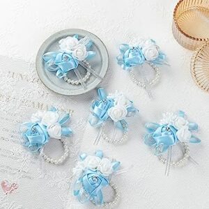 AUOTILY 6pcs/lot DIY Silk PE Rose Flowers Wedding Bride Wrist Corsage Women Girls Hand Flower Groom Boutonnieres Man Suit Party Decor (Light Blue)