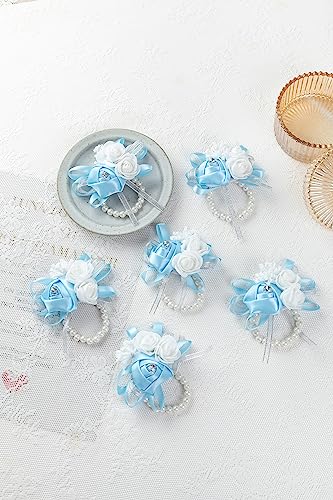 AUOTILY 6pcs/lot DIY Silk PE Rose Flowers Wedding Bride Wrist Corsage Women Girls Hand Flower Groom Boutonnieres Man Suit Party Decor (Light Blue)