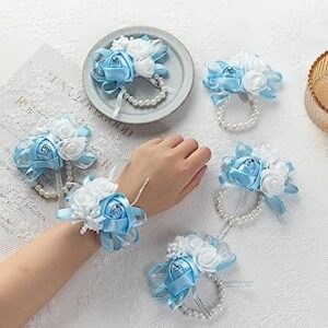 AUOTILY 6pcs/lot DIY Silk PE Rose Flowers Wedding Bride Wrist Corsage Women Girls Hand Flower Groom Boutonnieres Man Suit Party Decor (Light Blue)