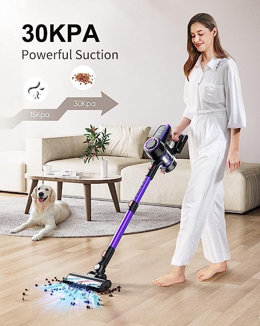 WLUPEL Cordless Vacuum Cleaner, 400W Stick Vacuum Cleaner with 30KPA Powerful Suction, Lightweight Handheld Vacuum LED Display for Carpet and Floor, Pet Hair (Hero 8-Purple)