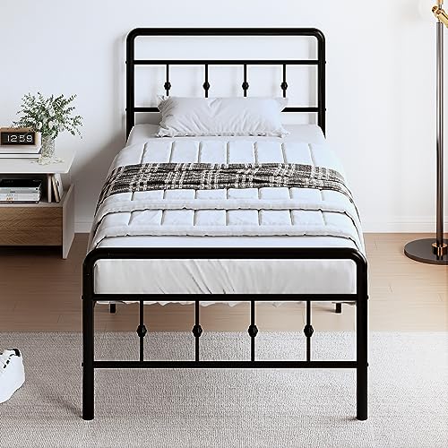 DiaOutro Classic Metal Platform Twin Bed Frames with Headboard and Footboard, 16 Inch No Box Spring Needed Heavy Duty Victorian Style Iron-Art Mattress Foundation/Under Bed Storage