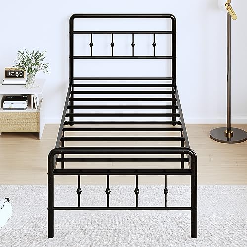 DiaOutro Classic Metal Platform Twin Bed Frames with Headboard and Footboard, 16 Inch No Box Spring Needed Heavy Duty Victorian Style Iron-Art Mattress Foundation/Under Bed Storage