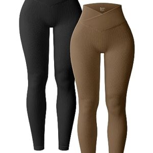 OQQ Women's 2 Piece Yoga Legging Ribbed Seamless Workout High Waist Cross Over Athletic Exercise, Black,coffee, Medium