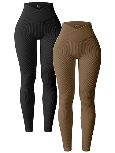 OQQ Women's 2 Piece Yoga Legging Ribbed Seamless Workout High Waist Cross Over Athletic Exercise, Black,coffee, Medium