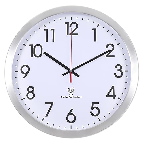 Vigorwise Atomic Analog Wall Clock, 14 Inch Radio Controlled Sets Automatically Wall Clock, Aluminum Frame Wall Clock Decorative for Home Kitchen Living Room Bedroom Office School