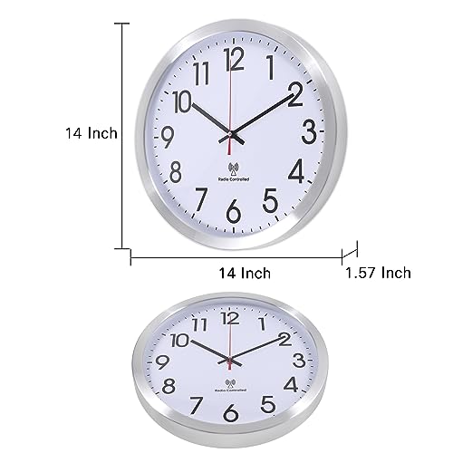 Vigorwise Atomic Analog Wall Clock, 14 Inch Radio Controlled Sets Automatically Wall Clock, Aluminum Frame Wall Clock Decorative for Home Kitchen Living Room Bedroom Office School