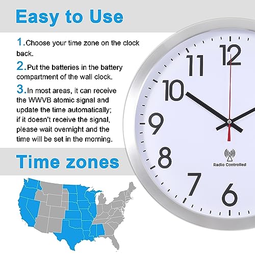 Vigorwise Atomic Analog Wall Clock, 14 Inch Radio Controlled Sets Automatically Wall Clock, Aluminum Frame Wall Clock Decorative for Home Kitchen Living Room Bedroom Office School