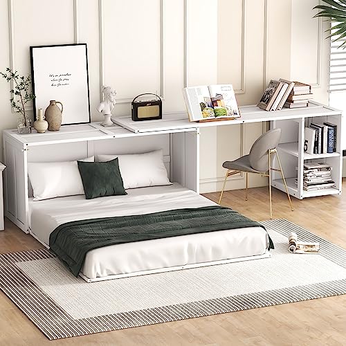 Queen Size Murphy Bed with Rotable Desk and Storage Shelves, Murphy Cube Queen Cabinet Bed, Queen Murphy Wall Bed, Wooden Foldable Floor Bed Frame for Bedroom Living Room Furniture,White