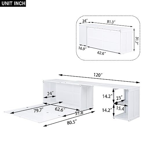 Queen Size Murphy Bed with Rotable Desk and Storage Shelves, Murphy Cube Queen Cabinet Bed, Queen Murphy Wall Bed, Wooden Foldable Floor Bed Frame for Bedroom Living Room Furniture,White