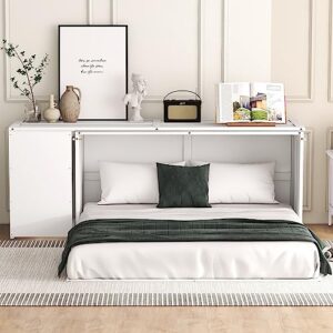 Queen Size Murphy Bed with Rotable Desk and Storage Shelves, Murphy Cube Queen Cabinet Bed, Queen Murphy Wall Bed, Wooden Foldable Floor Bed Frame for Bedroom Living Room Furniture,White