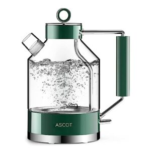 electric kettle, ascot glass electric tea kettle 1.6l 1500w retro tea heater & hot water boiler, no plastic, bpa-free, cordless, with auto shut-off and boil-dry protection (emerald green)