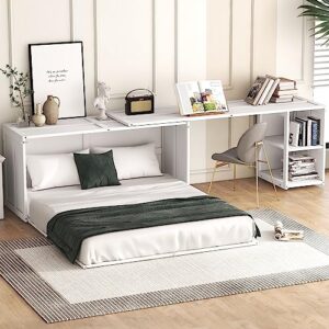 harper & bright designs queen murphy bed with rotable desk and storage cabinet, solid wood queen platform floor bed frame for kids teens adults, no box spring needed (queen size, white)