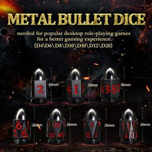 Metal Bullet Dice Set, DND Dice Set Dungeons and Dragons Dice, ZHOORQI D6 Dice Set D&D Dice Gifts for Role Playing Games, Pathfinder, Warhammer 40k or Theme Tabletop Games（7Bullet-Black Red）