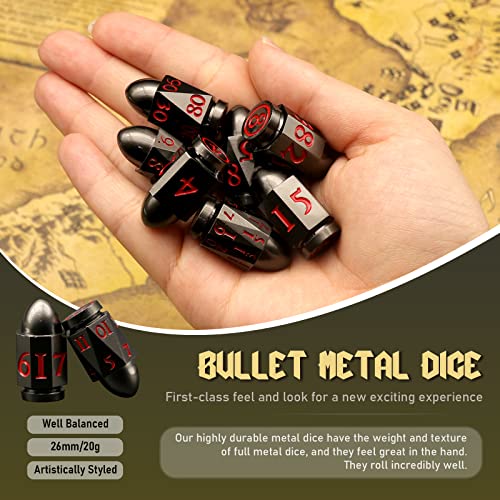 Metal Bullet Dice Set, DND Dice Set Dungeons and Dragons Dice, ZHOORQI D6 Dice Set D&D Dice Gifts for Role Playing Games, Pathfinder, Warhammer 40k or Theme Tabletop Games（7Bullet-Black Red）