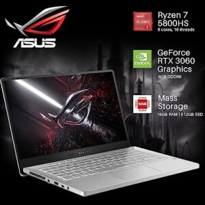 ASUS ROG Zephyrus G14 Gaming Laptop, 14" FHD 144HZ Display, AMD Ryzen 7 5800HS(Up to 4.4 GHz), NVIDIA GeForce RTX 3060 Graphics, 16GB RAM, 512GB SSD, WiFi 6, Windows 11 Home, Moonlight White