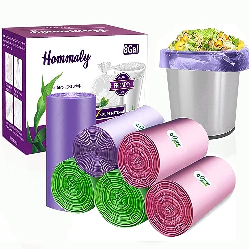 8 Gallon MULTI trash can liners 300 counts,Small trash bags garbage Bags, Strong 8 Gal garbage Bags, Fit 30 liters trash Bin, bathroom trash can liners for Home Pink Green Purple(Multi 300)