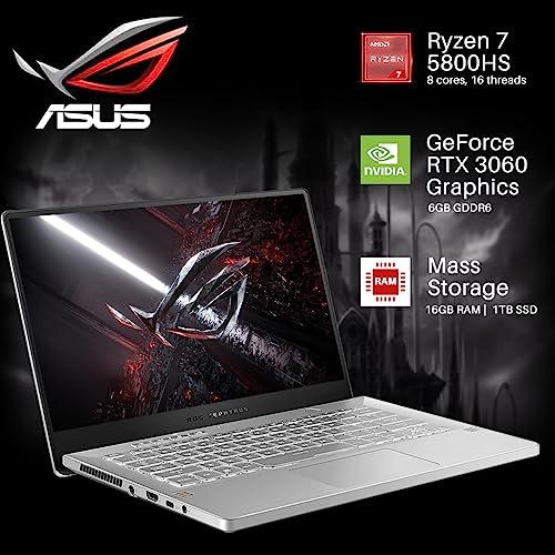 ASUS ROG Zephyrus G14 Gaming Laptop, 14" FHD 144HZ Display, AMD Ryzen 7 5800HS(Up to 4.4 GHz), NVIDIA GeForce RTX 3060 Graphics, 16GB RAM, 1TB SSD, WiFi 6, Windows 11 Home, Moonlight White