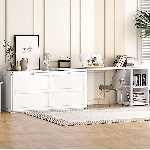 Harper & Bright Designs Modern Murphy Bed with Rotable Desk, Easy Fold Wood Murphy Bed Queen, Space-Saving Murphy Bed Cabinet for Guest Room Home Office,White