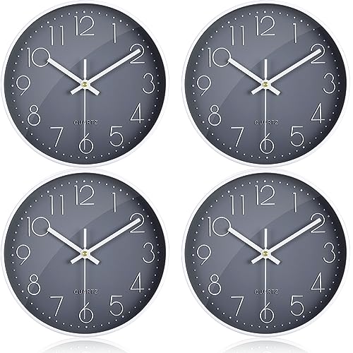 Inbagi 4 Pieces 10 Inch Quartz Silent Wall Clock Non Ticking Wall Clock, Battery Operated, Easy to Read, Round Modern Simple for Office Classroom School Home Living Room Bedroom Kitchen Decor, Gray