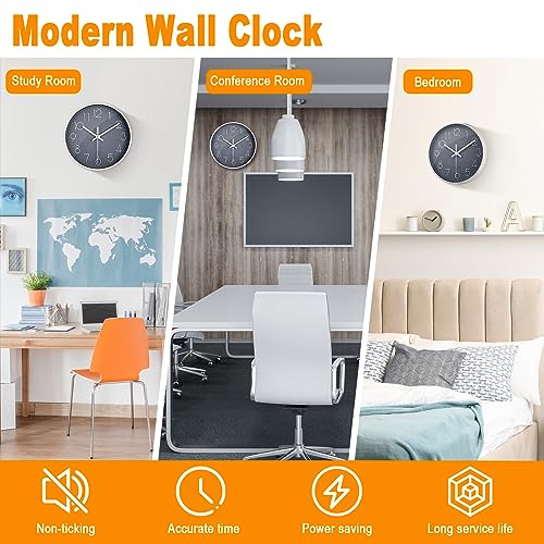 Inbagi 4 Pieces 10 Inch Quartz Silent Wall Clock Non Ticking Wall Clock, Battery Operated, Easy to Read, Round Modern Simple for Office Classroom School Home Living Room Bedroom Kitchen Decor, Gray