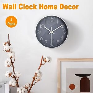 Inbagi 4 Pieces 10 Inch Quartz Silent Wall Clock Non Ticking Wall Clock, Battery Operated, Easy to Read, Round Modern Simple for Office Classroom School Home Living Room Bedroom Kitchen Decor, Gray