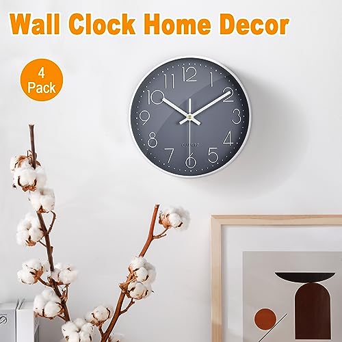 Inbagi 4 Pieces 10 Inch Quartz Silent Wall Clock Non Ticking Wall Clock, Battery Operated, Easy to Read, Round Modern Simple for Office Classroom School Home Living Room Bedroom Kitchen Decor, Gray