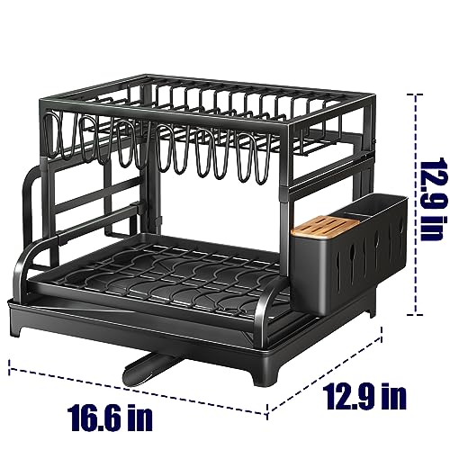 Ourackey Dish Drying Rack, Two Tier Dish Drying Rack for Kitchen Counter Large Dish Rack Kitchen with Drainboard Set for Sink, Dish Drainer with Utensil Holder, Cups Holder, Black