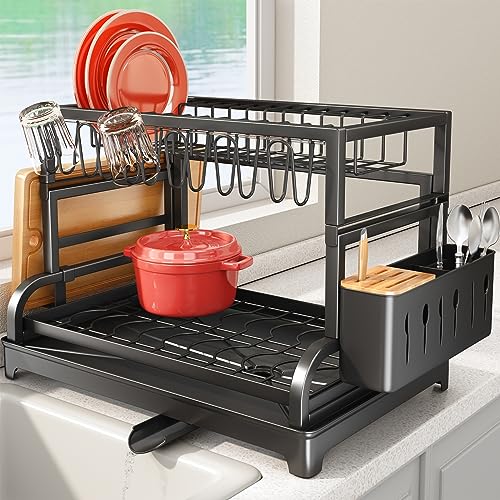 Ourackey Dish Drying Rack, Two Tier Dish Drying Rack for Kitchen Counter Large Dish Rack Kitchen with Drainboard Set for Sink, Dish Drainer with Utensil Holder, Cups Holder, Black