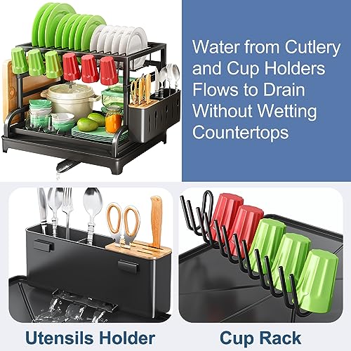 Ourackey Dish Drying Rack, Two Tier Dish Drying Rack for Kitchen Counter Large Dish Rack Kitchen with Drainboard Set for Sink, Dish Drainer with Utensil Holder, Cups Holder, Black