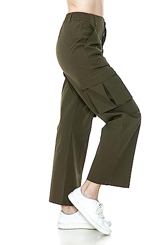 Leggings Depot High Waisted Women’s Straight Wide Leg Trousers w/Pockets, Baggy Cargo Pants, Military-Large