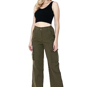 Leggings Depot High Waisted Women’s Straight Wide Leg Trousers w/Pockets, Baggy Cargo Pants, Military-Large