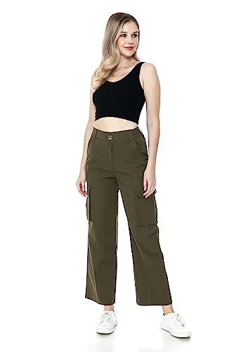 Leggings Depot High Waisted Women’s Straight Wide Leg Trousers w/Pockets, Baggy Cargo Pants, Military-Large