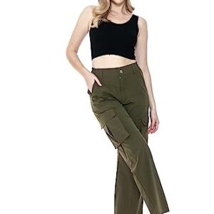 Leggings Depot High Waisted Women’s Straight Wide Leg Trousers w/Pockets, Baggy Cargo Pants, Military-Large