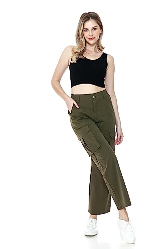 Leggings Depot High Waisted Women’s Straight Wide Leg Trousers w/Pockets, Baggy Cargo Pants, Military-Large