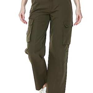 Leggings Depot High Waisted Women’s Straight Wide Leg Trousers w/Pockets, Baggy Cargo Pants, Military-Large