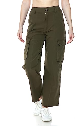 Leggings Depot High Waisted Women’s Straight Wide Leg Trousers w/Pockets, Baggy Cargo Pants, Military-Large