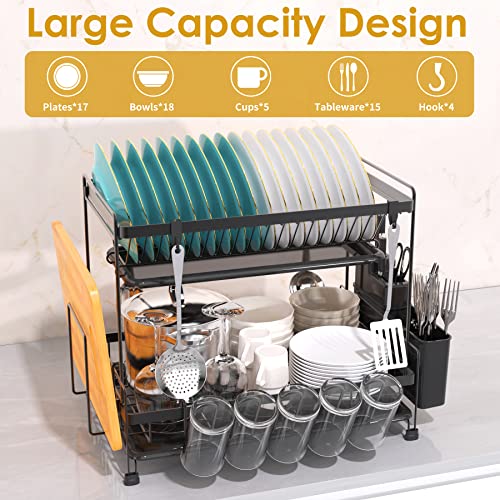 heesky Dish Drying Rack, Rustproof 2 Tier Dish Rack, Large Capacity Dish Drainer Rack with 2 Drainboard Tray and Utensil Holder for Kitchen Countertop (Black)