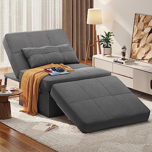 Aiho Sleeper Chair Bed, 4 in 1 Convertible Chair Sofa Bed, Assembly-Free Sofa Chair Bed with Adjustable Backrest Linen Fabric, for Living Room Apartment Office, Dark Grey