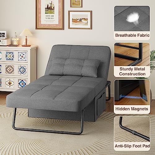 Aiho Sleeper Chair Bed, 4 in 1 Convertible Chair Sofa Bed, Assembly-Free Sofa Chair Bed with Adjustable Backrest Linen Fabric, for Living Room Apartment Office, Dark Grey