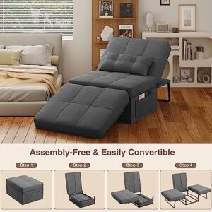 Aiho Sleeper Chair Bed, 4 in 1 Convertible Chair Sofa Bed, Assembly-Free Sofa Chair Bed with Adjustable Backrest Linen Fabric, for Living Room Apartment Office, Dark Grey