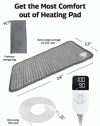 New 2023 Electric Heating Pad for Back Pain, Cramps, Neck, and Shoulders Pain Relief 12x24 UL Certified Double-Sided Ultra Soft Microplush Heat Pad - Dry & Moist Heat Patch with Lux Storage Bag (Gray)