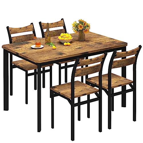 AWQM Dining Table Set for 4, Modern Kitchen Table and Chairs Set for 4, Industrial Wooden Dining Table with Backrest Chairs for Dining Room Kitchen Breakfast Nook - Rustic Brown