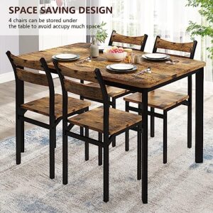 AWQM Dining Table Set for 4, Modern Kitchen Table and Chairs Set for 4, Industrial Wooden Dining Table with Backrest Chairs for Dining Room Kitchen Breakfast Nook - Rustic Brown