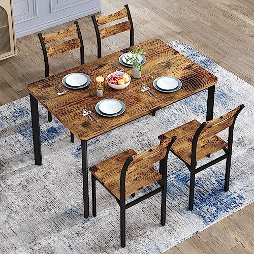 AWQM Dining Table Set for 4, Modern Kitchen Table and Chairs Set for 4, Industrial Wooden Dining Table with Backrest Chairs for Dining Room Kitchen Breakfast Nook - Rustic Brown