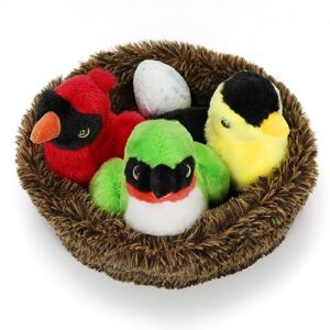 reinbow 5pcs cute stuffed animal bird nest with birds & egg, northern cardinal plush toys, american goldfinch plushies, sparrow, bird toys for kids and birders, birthday gift halloween